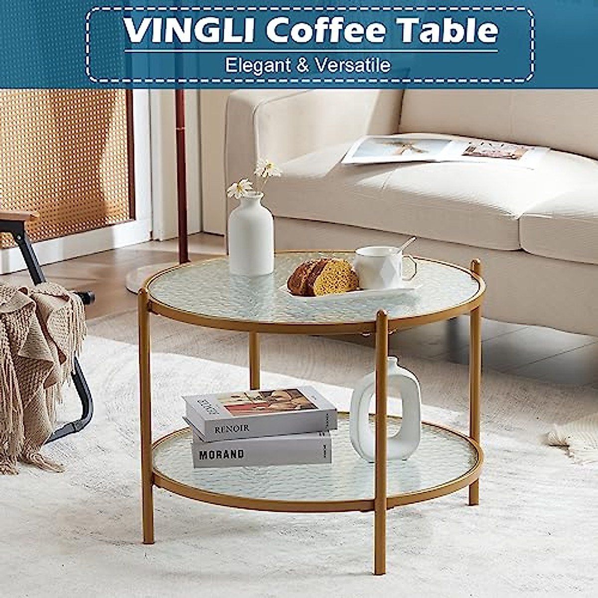 VINGLI 25.6" Small Matte Gold Round Coffee Table Water-Wave Glass Circle Clear Coffee Table, Center Table with 2-Tier Modern Storage Design for Living Room, Bedroom, Meeting Room, Balcony, Patio