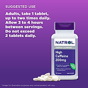 Natrol High Caffeine 200 mg per Serving, Energy Support Supplement for Adults, 100 Tablets, 100 Day Supply