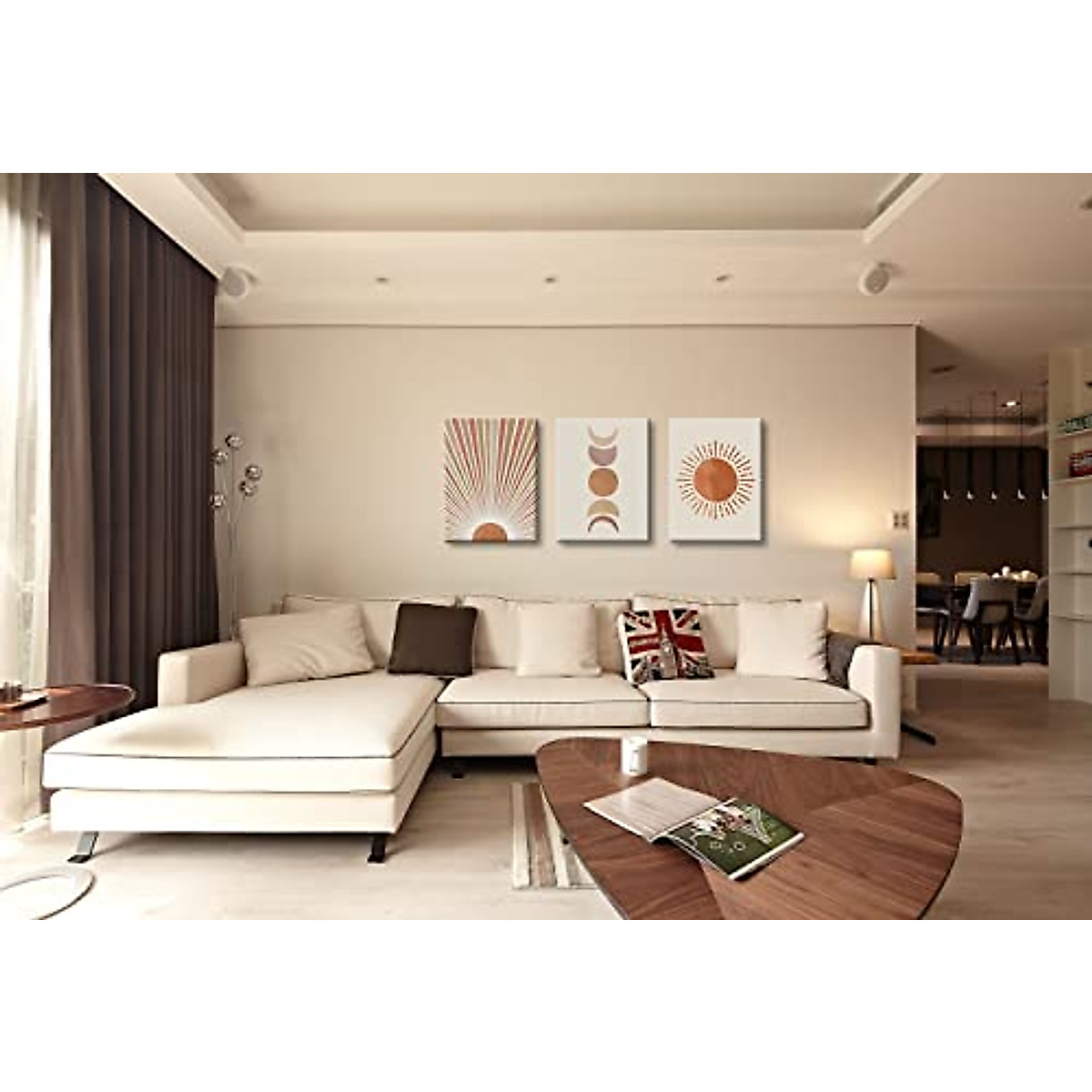 Boho Prints Sun Wall Art - Mid Century Moon Phase Canvas Paintings for Home Decoration Bohemian Framed Abstract Artwork 3PCS 12x16 Inches Pictures for Teens Bedroom Dorm Living Room Bathroom Painting