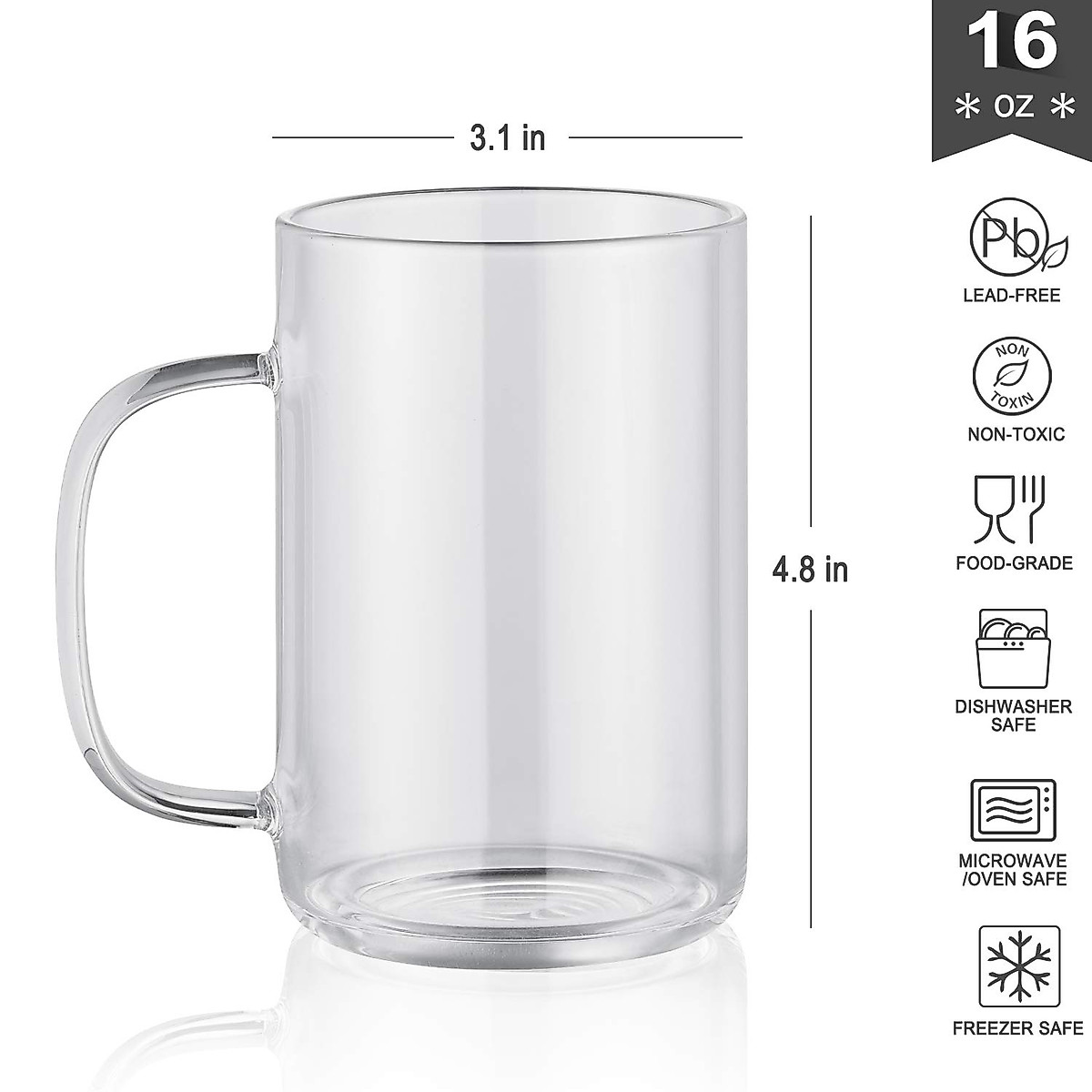 Enindel 3025.01 Simple Style Coffee Mug, Large Glass Coffee Mugs, Clear Tea Cup, 16 OZ, Set of 4