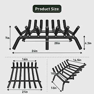 MESTYL Fireplace Grate 24 Inch Heavy Duty Wrought Iron Fireplace Log Grate, 3/4" Bar Fire Grates with Fire Log Tongs, Firewood Log Burning Rack for Outdoor Wood Stove Pit & Fireplace Log Holder Indoor