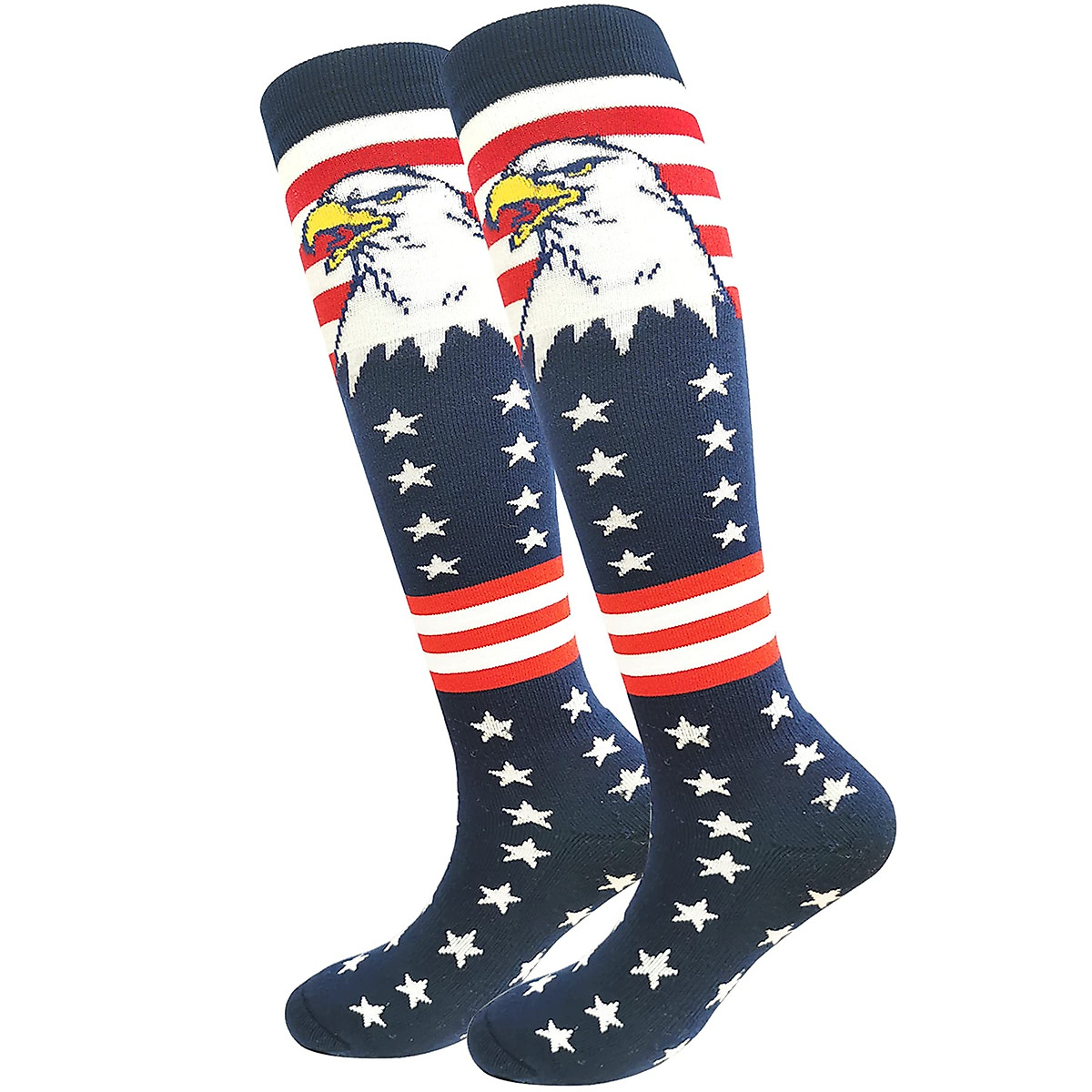 BUENWAZ Men's American Flag Baseball Socks, Athletic Knee High Football Sock, Patriotic Over the Calf Socks (1 Pack, Eagle, Size 8-12)