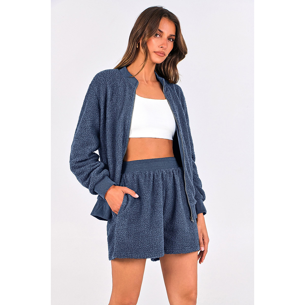 PRETTYGARDEN Women's Fall 2 Piece Outfits Casual Zip Up Teddy Fleece Jacket And Lounge Shorts Jogger Sets (Grey Blue,Large)