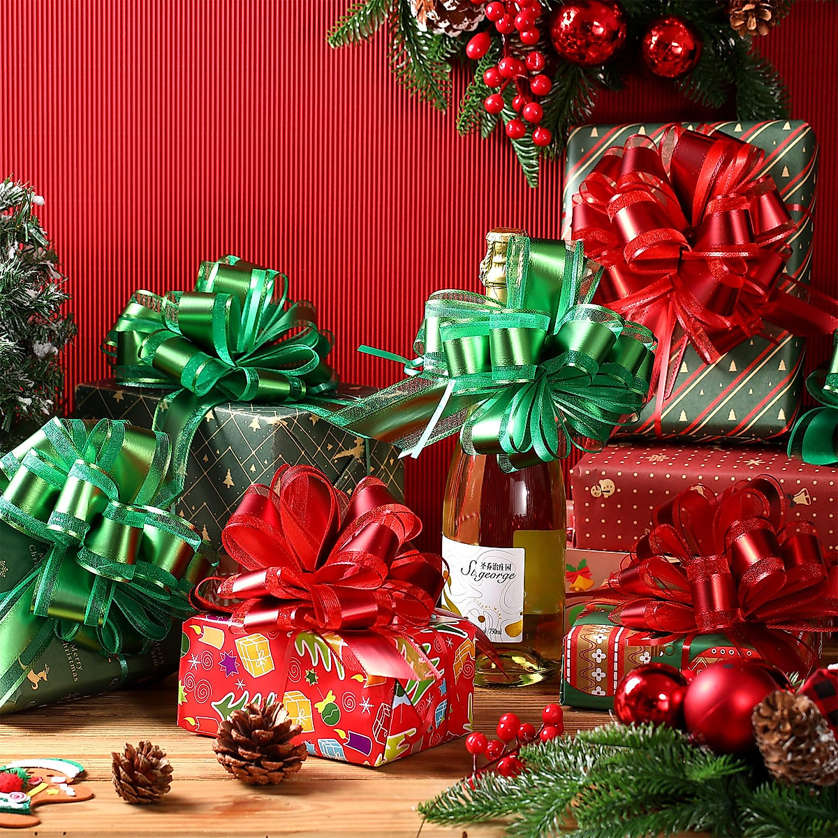 Riceshoot 60 Pieces Christmas Large Pull Bows Ribbon Gift Bows 6 Inch Gift Wrap Bows Wrapping Bows for Xmas Presents Wedding Party Basket Holidays Decoration(Green, Red)