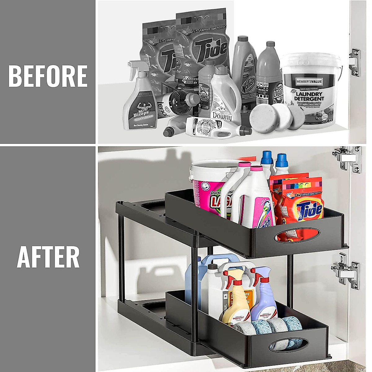 HOMTECH Double Sliding Cabinet Organizer Drawer-Under Sink Organizers & Storage-2 Tier Slide Out Cabinet Organizer- Storage Shelf for Bathroom & Kitchen- Accessory Included Hand Drying Ball, Black