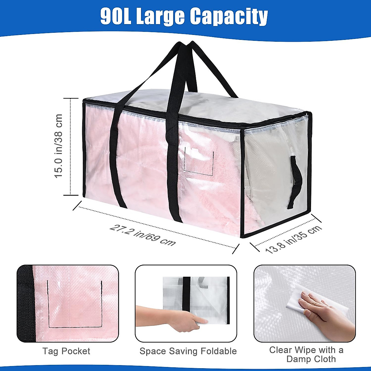 Rihim Clear Moving Bags 90L - 8 Pack Large Heavy Duty Storage Bags with Zipper, PP Plastic, Waterproof - Moving Totes with Lids, Packing and Storage Clothes, Pillow etc