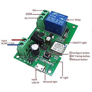 MHCOZY Updated WiFi Wireless Smart Switch Inching Self-Locking Relay Module,Set Inching Time from 0.5 Second to 1 Hour,be Applied to Access Control,DIY WiFi Garage Door Opener (7-32V with 433Mhz RF)