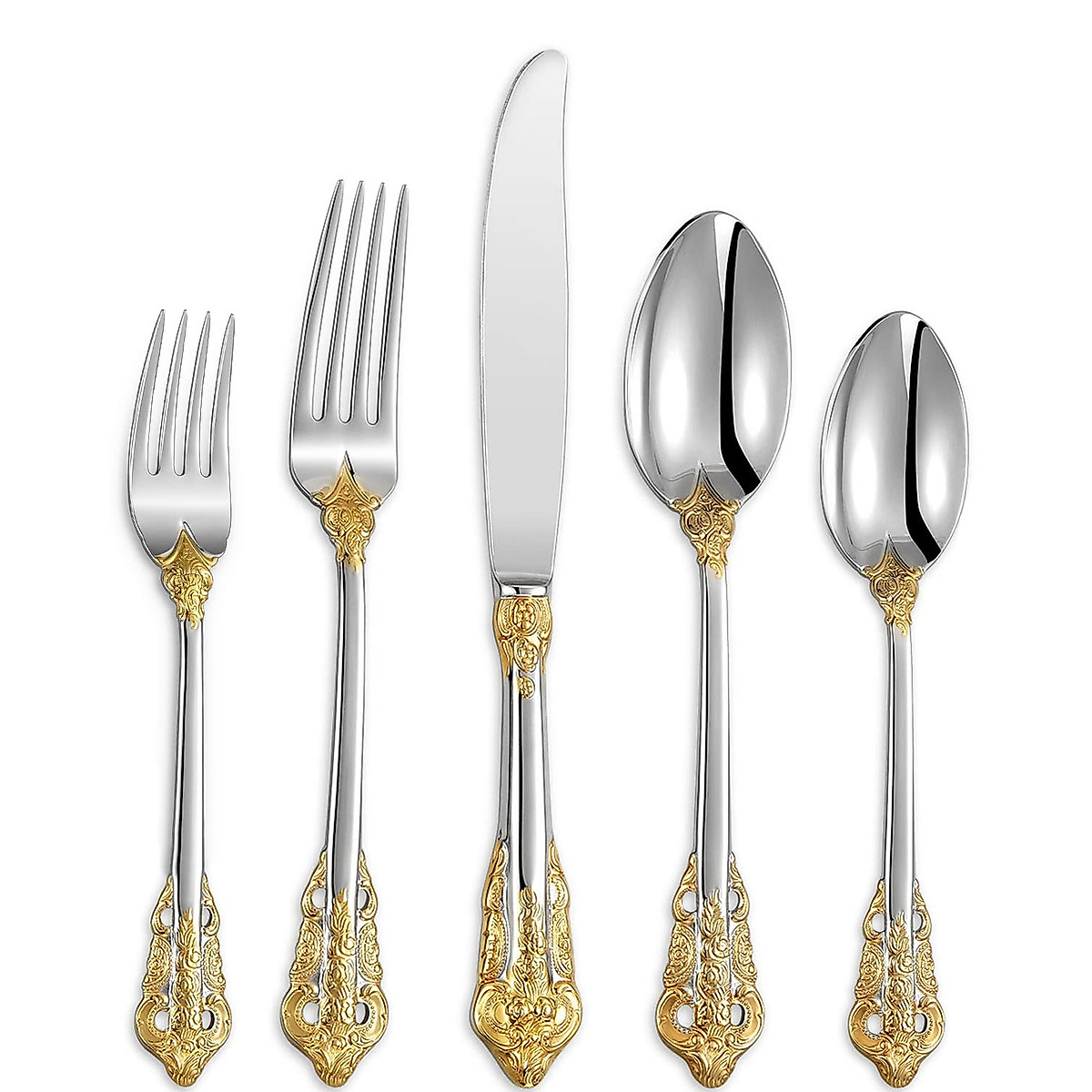 KEAWELL Luxury 20 Pieces 18/10 Stainless Steel Flatware set, Service for 4, silver plated with gold accents, Fine Silverware set and Dishwasher Safe (Gold Accent)