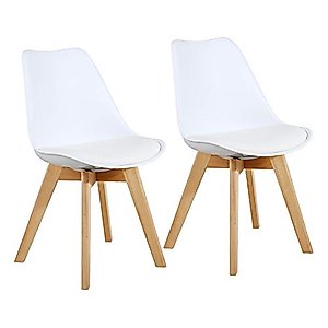 GOTMINSI Set of 2 Modern Style Chair Dining Chairs, Shell Lounge Plastic Chair with Natural Wood Legs (White)