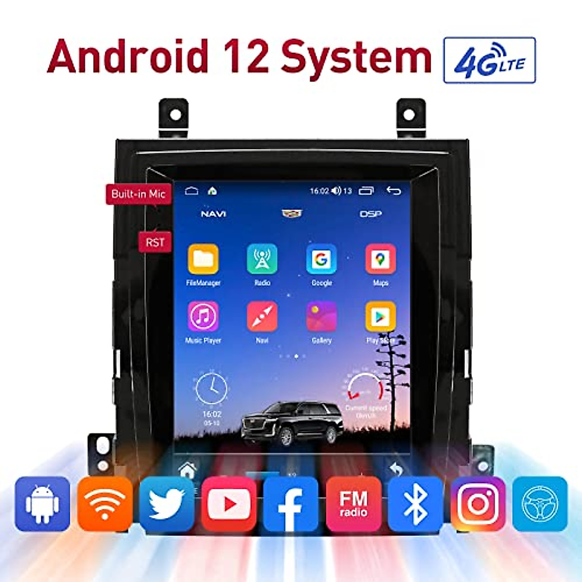 Car Radio for Cadillac Escalade 2007-2014, Android 12 Stereo 10.4inch Octa-Core 4+64G Wireless Carplay Android Auto 4G Network 5G WiFi DSP Bluetooth Steering Wheel Controls Free AHD Camera