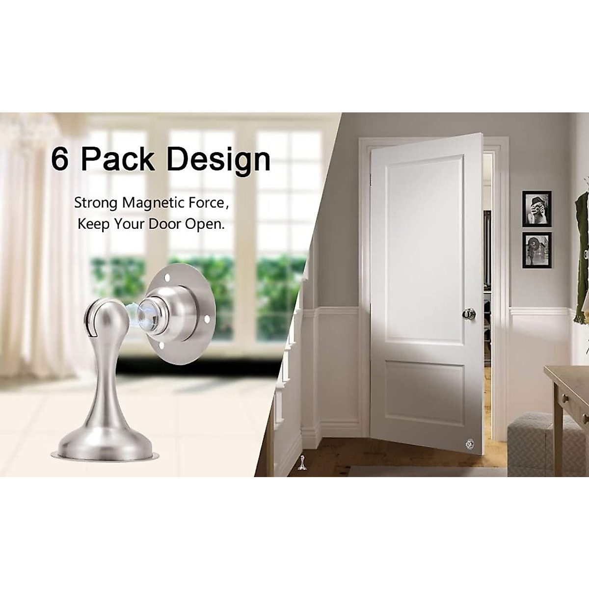 Door Stopper Magnetic Door Stopper Brushed Nickel 6 Pack Stainless Steels Magnetic Door Stop No Need to Drill 3M Double-Sided Adhesive Tape Magnetic Door Holder Soft-Catch Hold Door Open