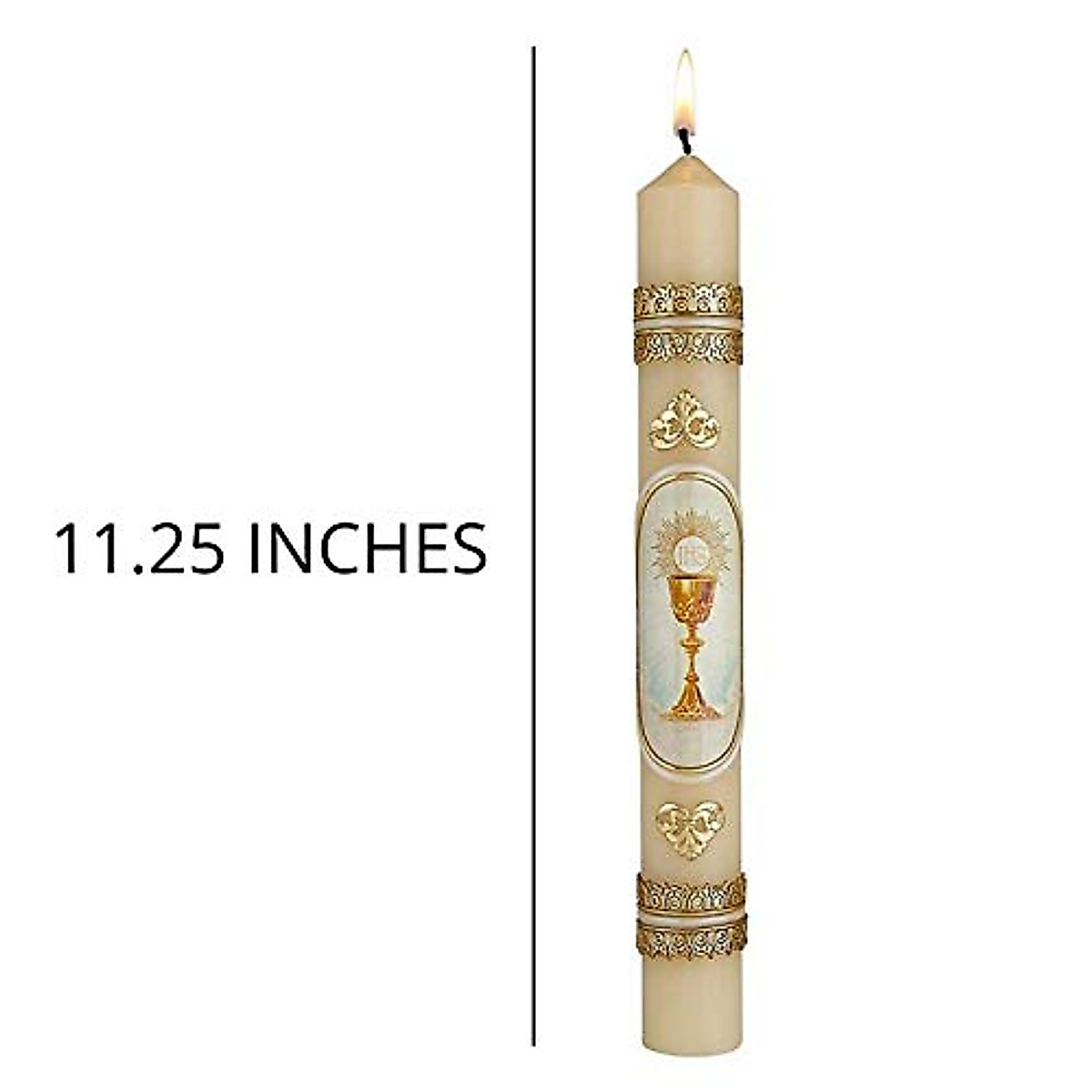 First Holy Communion Hand Decorated Taper Candle with Chalice and Host Design, Catholic Gifts for Girls and Boys, Tall Candles, Cirio para Primera Comunion, 11.25 Inches