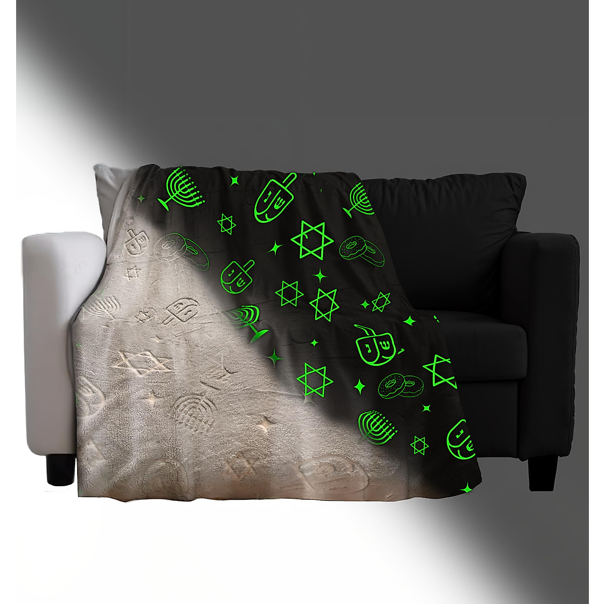 Glow in The Dark Chanukah Blanket – Soft Flannel Throw with Menorah, Dreidels & Jewish Stars – Perfect Hanukkah Gift for Kids & Adults – Cozy, Plush, and Machine Washable – All Season Holiday Blanket