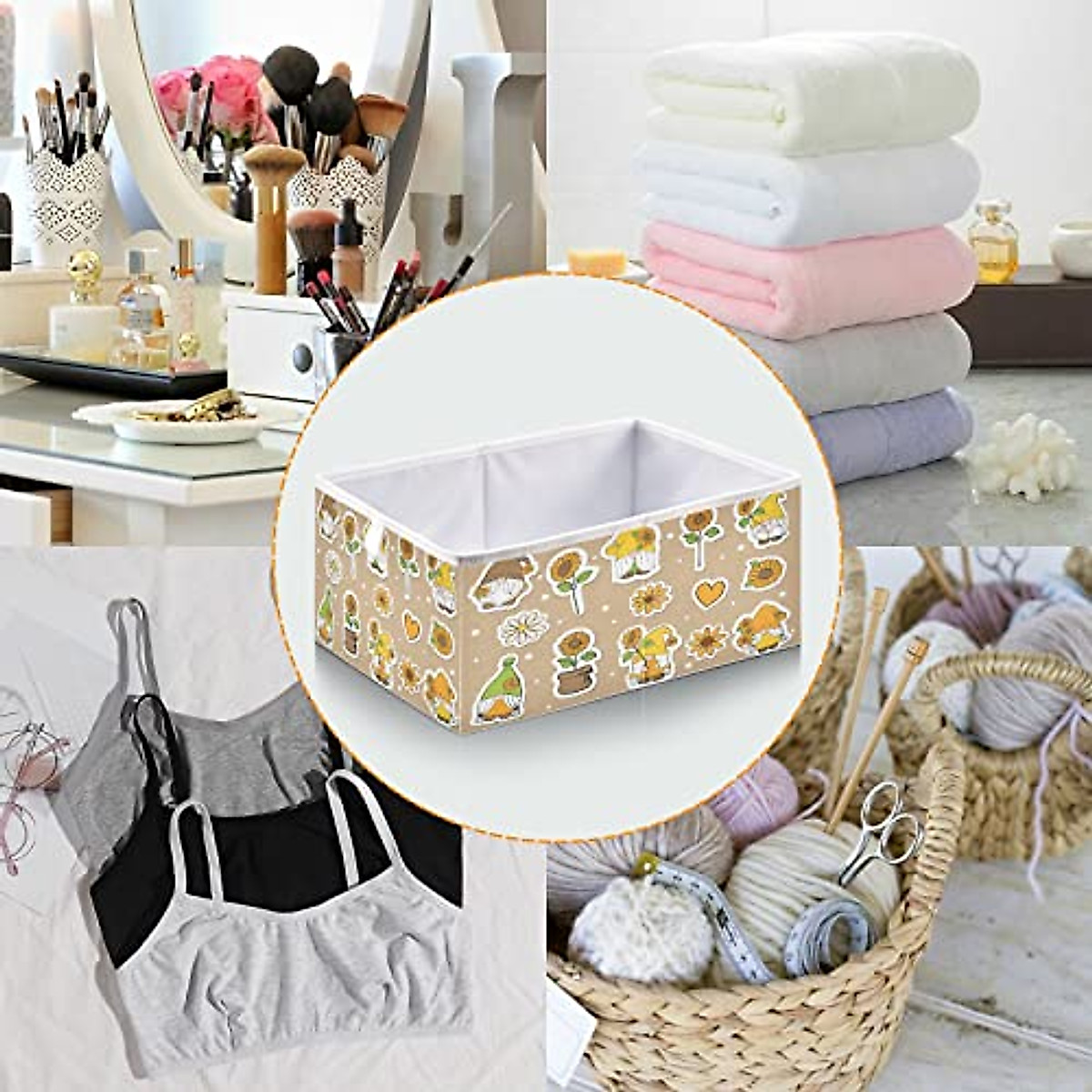 Kigai Sunflowers Gnome Storage Bins Rectangular Foldable Storage Baskets Bin Waterproof Home Organizer with Handles Basket for Toy Nursery Blanket Clothes, 15.8x10.6x7 Inch