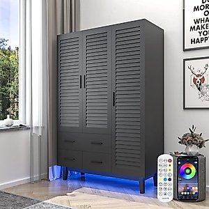 Hlivelood 3 Door Armoire Wardrobe Closet Cabinet with Drawers and LED Lights, Multi-Tier Shelves, Hanging Rod & 3 Louver Doors, Large Capacity Storage Wardrobe Armoire for Bedroom, Black
