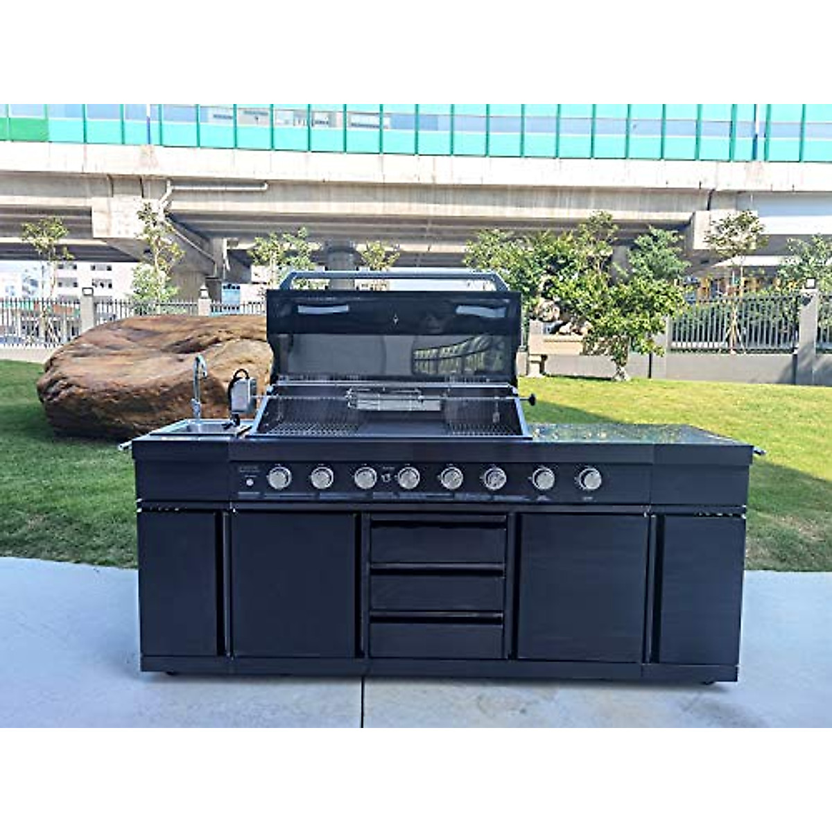 Black Stainless Steel 8 Burner 3 in 1 Island BBQ Outdoor Electric Grill Kitchen, Propane or Natural Gas, with Sink, Side Burner, LED Lights on Knobs, and Free Protective Grill Cover
