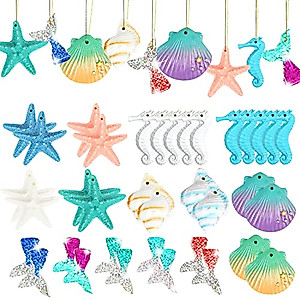 LOMIMOS 36PCS Christmas Ocean Themed Ornament,Colorful Summer Resin Pencil Finger with Rope,Assorted Beach Seashell Starfish Seahorse Nautical Hanging Decor for Wedding Birthday Party Craft
