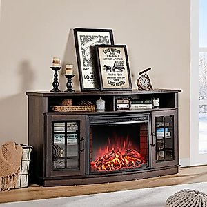 LUXOAK 59" Curved Fireplace TV Console, Entertainment Center Table with Open Shelves and Farmhouse Glass Door Media TV Cabinet Stand for TVs up to 65 Inches, Dark Walnut
