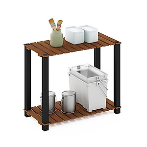 Furinno Pangkor 2-Tier Turn-N-Tube Indoor Outdoor Plant Shelf Large Rectangle Wood Stand with Square Poles, Natural/Black