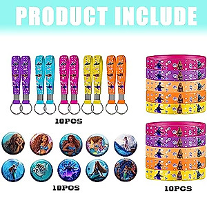 GANKTOWCOY 30PCS Black Mermaid Party Favors ，Black Mermaid 2023 Birthday Party Decorations Supplies Including 10 Bracelets, 10 Key-chains, 10 Button Pins for Mermaid Birthday Decorations