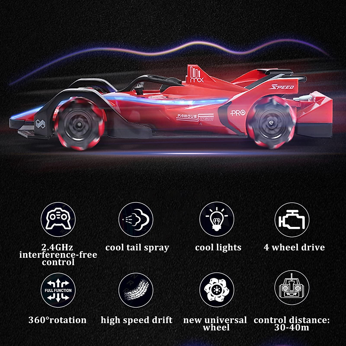 Agekub F1 Remote Control Car Drift RC Stunt Car for Kids 360°Rotating 2.4GHz Race Car Lights Music Spray Hand RC Car Gift for Boy Kids with 2 Batteries
