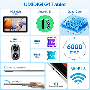 UMIDIGI G1 Tab Android 13 Tablet 2024, 8（4+4） GB+64GB 1TB Expand, Wi-Fi 6 Model, 10.1 inch Tablet with Quad-Core Processor up to 2.0 GHz, 6000mAh, Dual Camera, BT, 1280 * 800 HD IPS Touch Screen