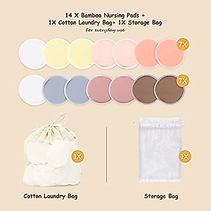 Langsprit Leak-Proof Reusable Bamboo Nursing Pads(14 Pack),Super Absorbent Washable Breast Pads with Laundry Bag (Morandi, Round)