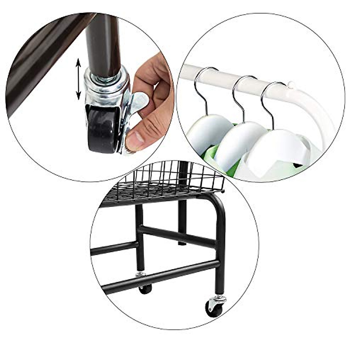 Rolling Laundry Hamper Basket Cart with Wire Storage Rack and Hanging Rack White