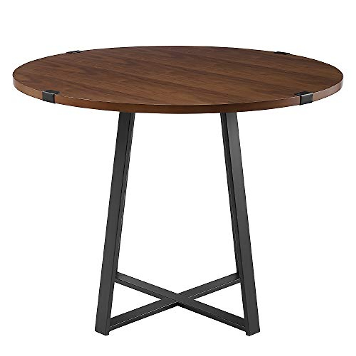 Walker Edison 4 Person Round Industrial Modern Wood Small Dining Table Dining Room Kitchen Table Set Dining Chairs Set, 40 Inch, Dark Walnut and Black