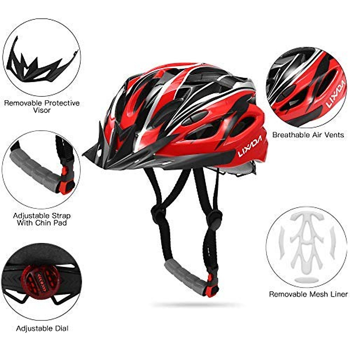 Lixada Adult Bike Helmet,Mountain Bike Helmet MTB Bicycle Cycling Helmets,Adjustable Dial-Fit Integrally Molding Lightweight Helmets with LED Back Light for Men and Women