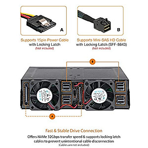 ICY DOCK 4 Bay 2.5 NVMe U.2/U.3 SSD PCIe 4.0 Rugged Mobile Rack Enclosure for 5.25" Bay (4 x Mini-SAS HD) | ToughArmor MB699VP-B