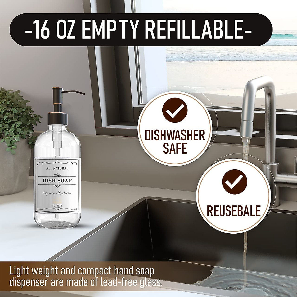 Sunrise Premium 2 Pack Clear Glass Soap Dispenser 16 OZ with Oil Rubbed Bronze Stainless Steel Pump, Hand and Dish Soap Dispenser Set for Bathroom and Kitchen Sink with 6 Waterproof Labels