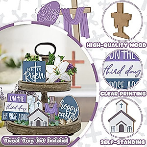 Guoofu Easter Tiered Tray Decor, 6 Pieces Farmhouse Tray Decorations, Happy Easter He is Risen Cross Eggs Lily Religious Wooden Signs, Rustic Easter Faith Decor for Home Table Mantel Church Party