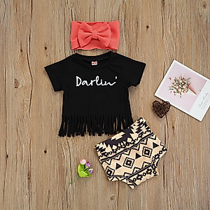 Newborn Baby Girls Clothes Sets 3pcs Letter Short Sleeve Tassel T Shirts Snakeskin Printed Shorts Headband (Black, 0-6 Months)