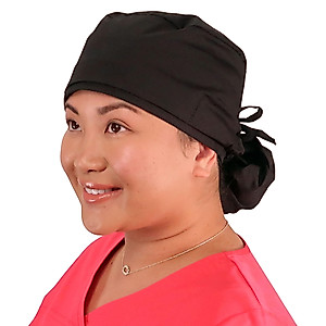 Sparkling EARTH Solid Black Big Hair Ponytail Classic Surgical Style Scrub Working Cap - Made in The USA!!!