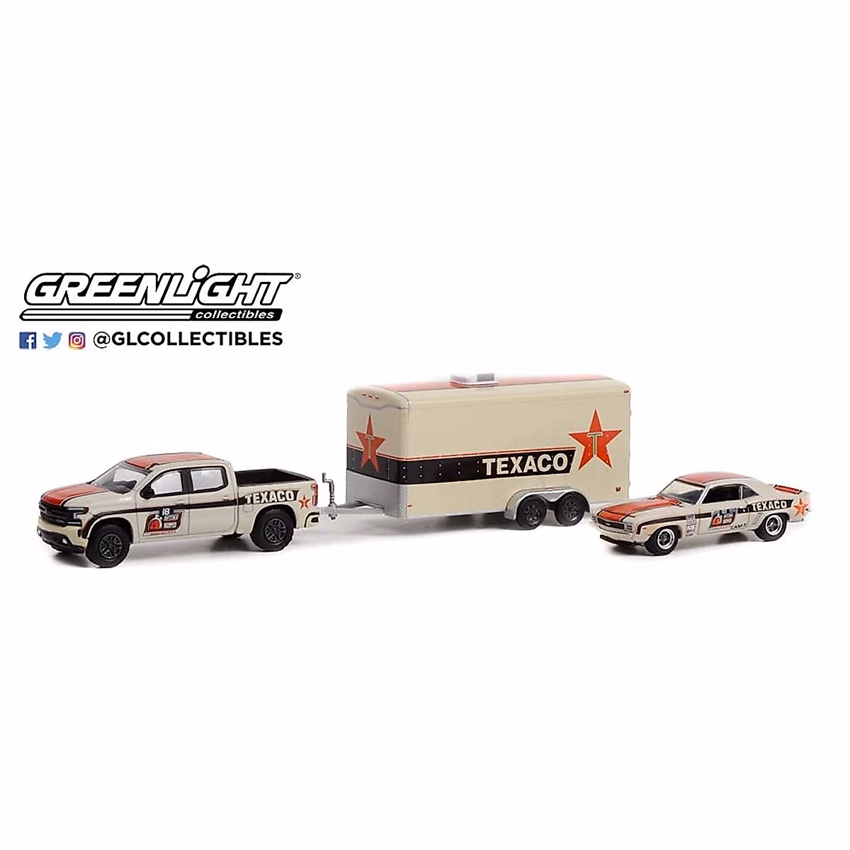 Greenlight 31140-C Racing Hitch & Tow Series 4 2021 Chevy Silverado and 1969 Camaro RS Texaco #18 2021 Optima Ultimate Street Car National Champ with Enclosed Car Hauler 1:64 Scale Diecast