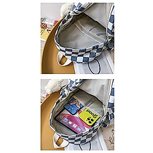 Kawaii Plaid Mini Backpack with Plush Bear Pendant for Girl Small Medium School Bag (Light Blue)