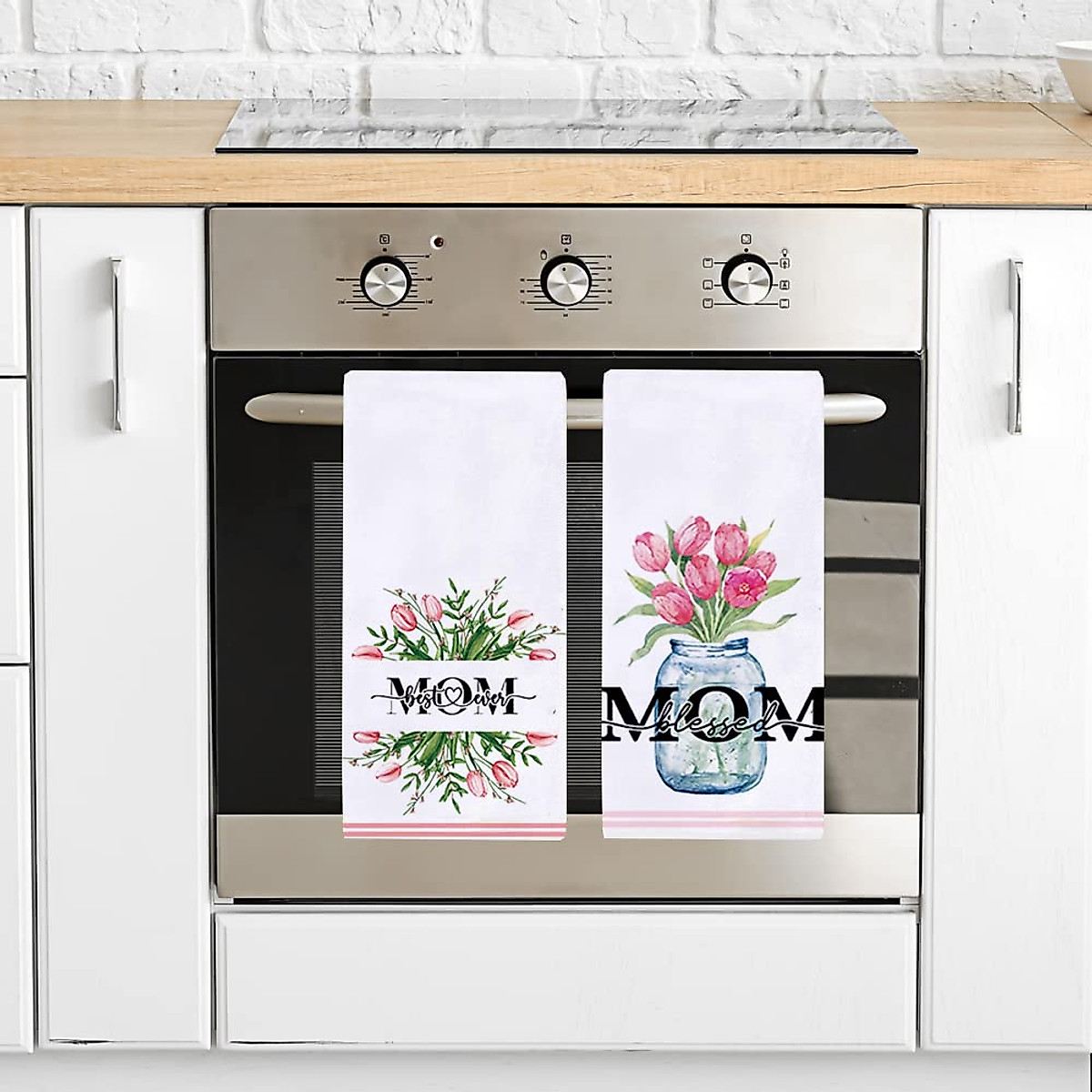 Secarond Blssed Mom Tulip Mason Jar Kitchen Dish Towel 18 x 28 Inch Set of 2, Happy Mother's Day Spring Summer Floral Tea Towels Gift Dish Cloth for Cooking Baking