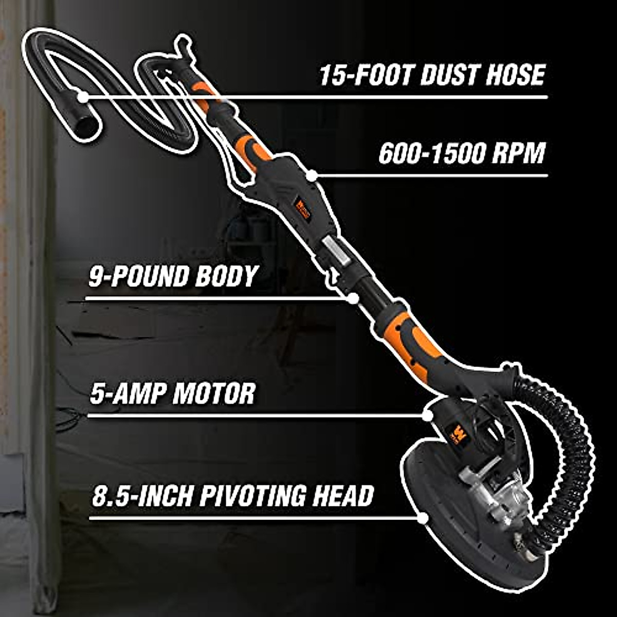 WEN 6369 Variable Speed 5 Amp Drywall Sander with 15' Hose
