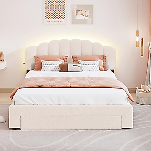 Favfurish Teddy Fleece Queen Size Upholstered Platform Bed,with Storage Drawer,Wooden Bedframe w/LED Lights and USB Ports,No Box Spring Needed, for Bedroom,Guest Room, Beige