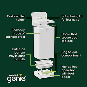 Compost Genie Kitchen Compost Bin, White Stainless-Steel Large, 3.6 Gallon, Indoor Odorless Composting, Hands-Free, Washable Parts, Includes 8 Tear-Off Compostable Bags and 4 Carbon Filters