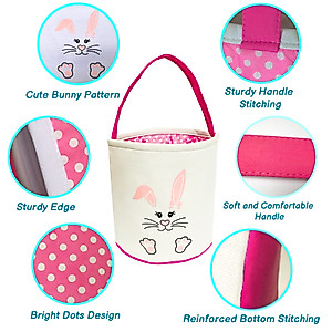 BKDMZZMY 2 Pack Easter Baskets for Large Foldable Bucket Tote Bags with Handle, Canvas Bunny Baskets Carry Easter Rabbit Baskets for Party Holiday Easter Eggs Hunt (Pink+Blue)