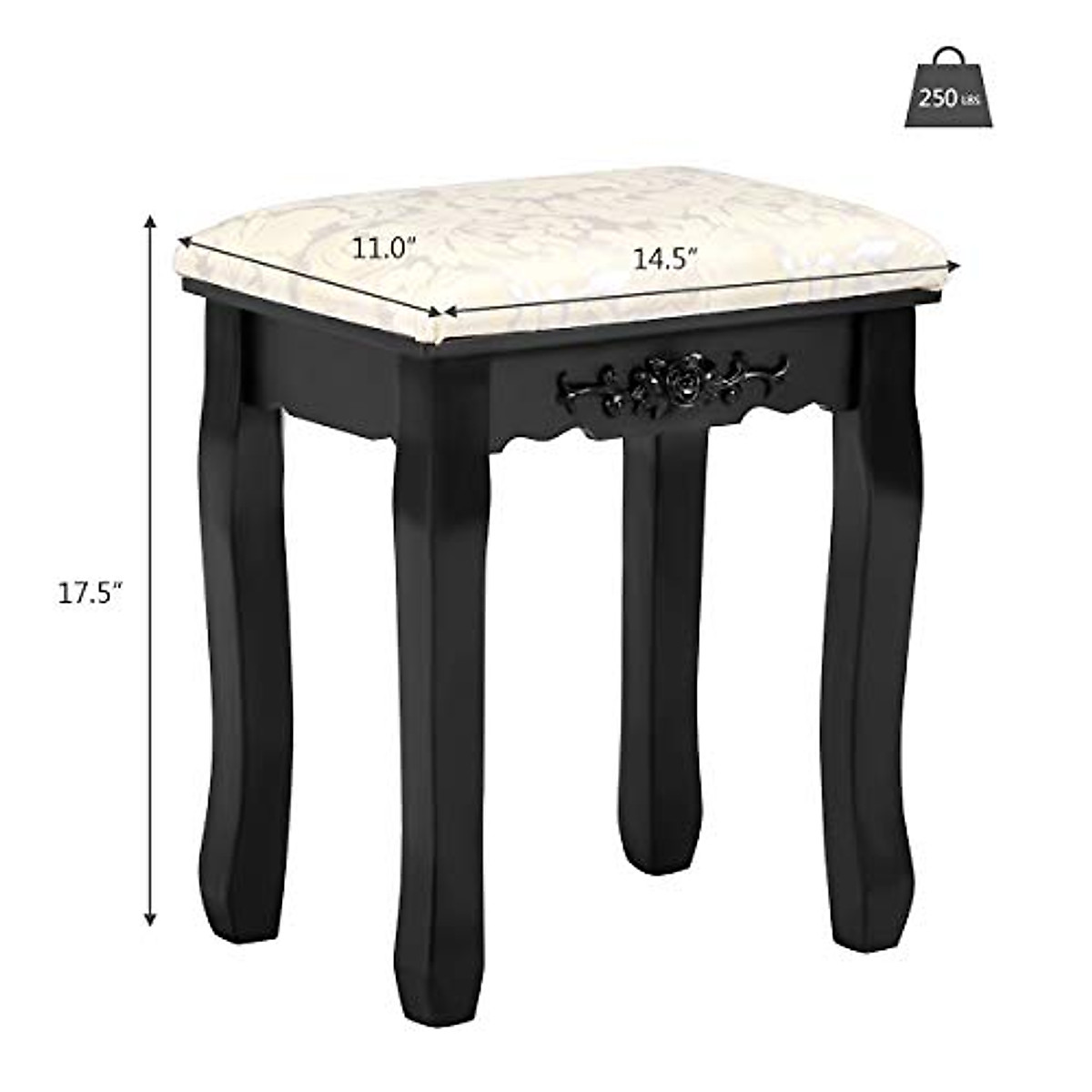 GOFLAME Vanity Stool, Retro Makeup Dressing Bench with Solid Wood Legs, Piano Seat with Carved Flowers, Thick Padded Cushioned Chair with 250lb Capacity, Large Vanity Benches for Bedroom (Black)