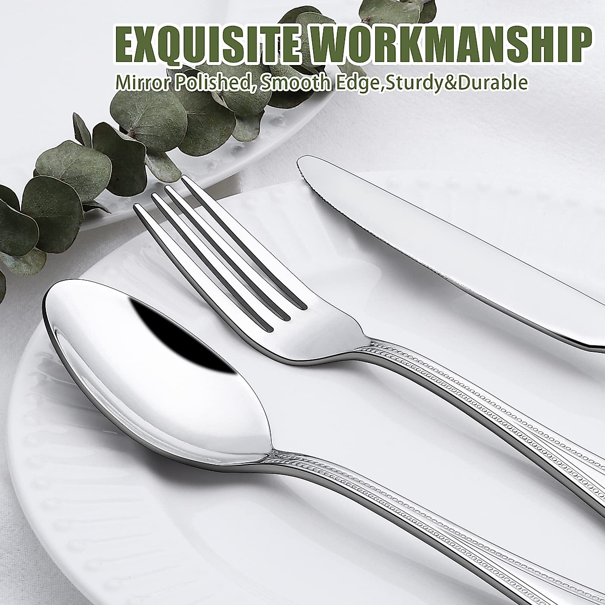 Terlulu 60 Piece Silverware Set for 12, Stainless Steel Flatware Set, Mirror Polished Cutlery Set Utensil Set, Tableware Include Forks Spoons Knives for Home Restaurant, Beaded Handle, Dishwasher Safe