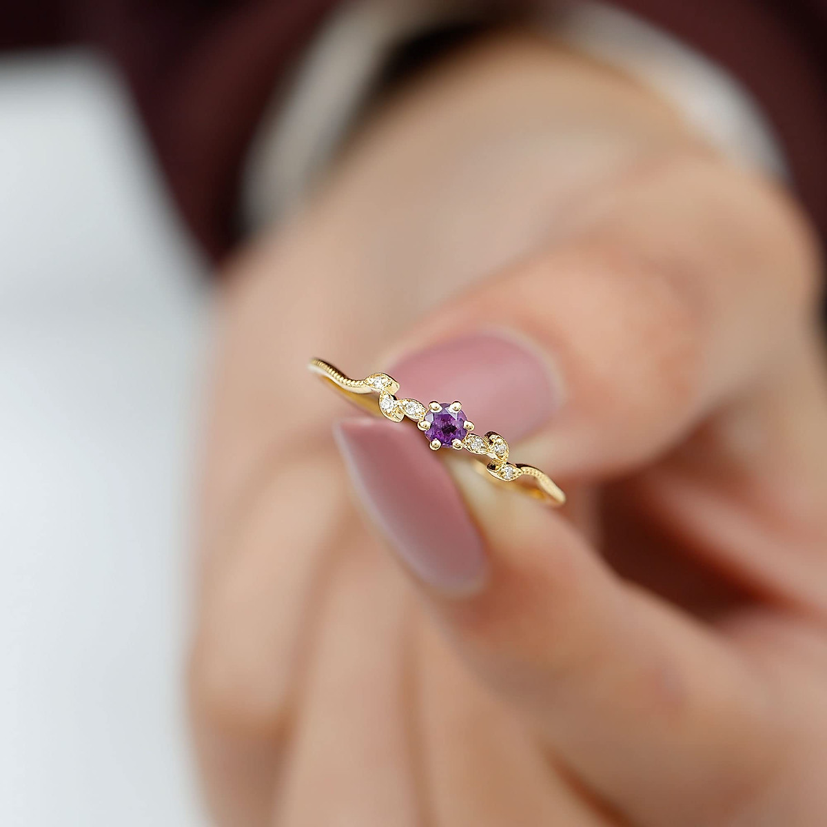 Natural Amethyst Diamond Promise Ring for Women - Pre Engagement Ring, 5 MM Round Amethyst Solitaire Ring, AAA Quality, 14K Yellow Gold, Size:US 8.00