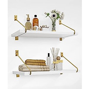 Godimerhea White Floating Shelves for Wall, Set of 2 Wall Mounted Hanging Wood Shelf with Gold Brackets, Modern Luxury Decorative Organizers Storage Shelves for Bathroom, Living Room, Bedroom