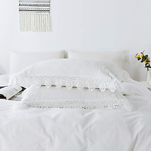 Softta Boho King Size White Lace Bedding Collection Ruffled Vintage 3pc Duvet Cover Set 100% Wahed Cotton Princess Grils Bedding Sets