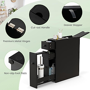 LOKO Bathroom Floor Cabinet, Narrow Storage Organizer with Flip Top, Pull-Out Drawer & Shelves, Freestanding Toilet Paper Holder, Wooden Storage Cabinet for Living Room, Kitchen, Laundry Room (Black)