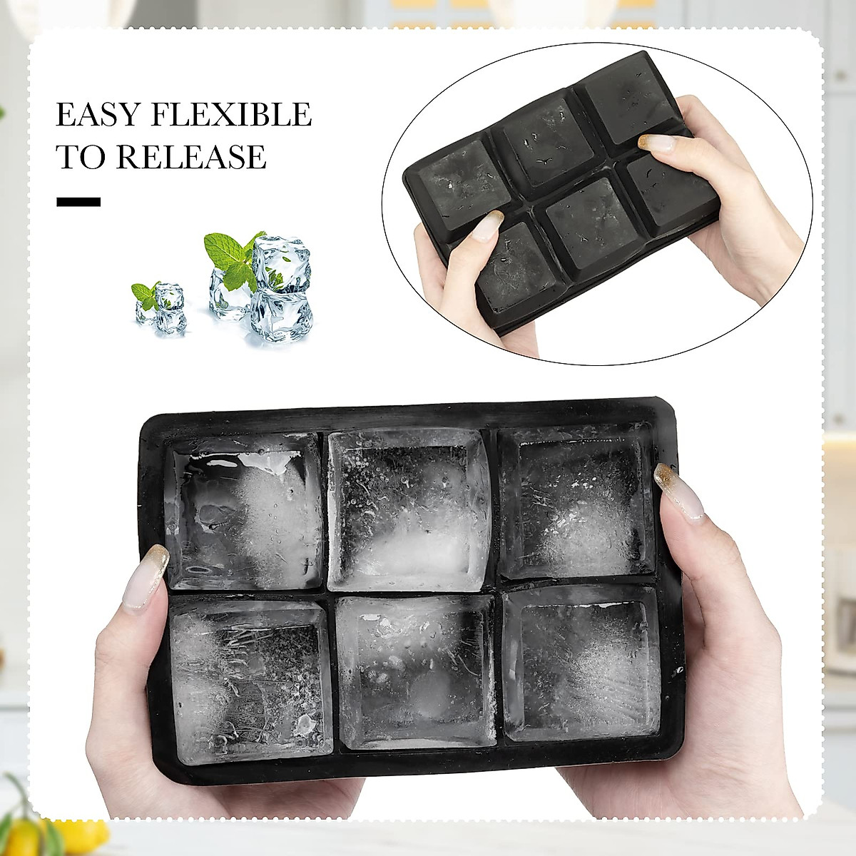 Lounsweer 8 Pcs Large Silicone Ice Cube Tray with Lid 2 Inch Square Big Ice Cube Molds for Cocktails Whiskey 6 Cavity Ice Trays for Freezer Easy Release Ice Cube Maker for Food Wine Juice