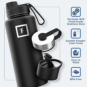 IRON °FLASK Camping & Hiking Hydration Flask with 3 Lids - Stainless Steel, Double Walled & Vacuum Insulated Water Bottle - Leak Proof & BPA Free (Midnight Black, Spout - 32 oz)